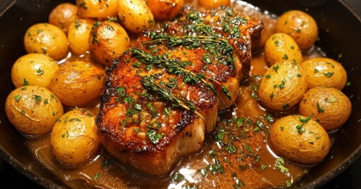 Garlic Herb Skillet Pork Chops with Baby Potatoes